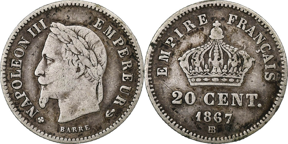 France 20 Centimes 1867 Strasbourg Napoleon III, Strasbourg, Silver VF(20-25) | MA-Shops
