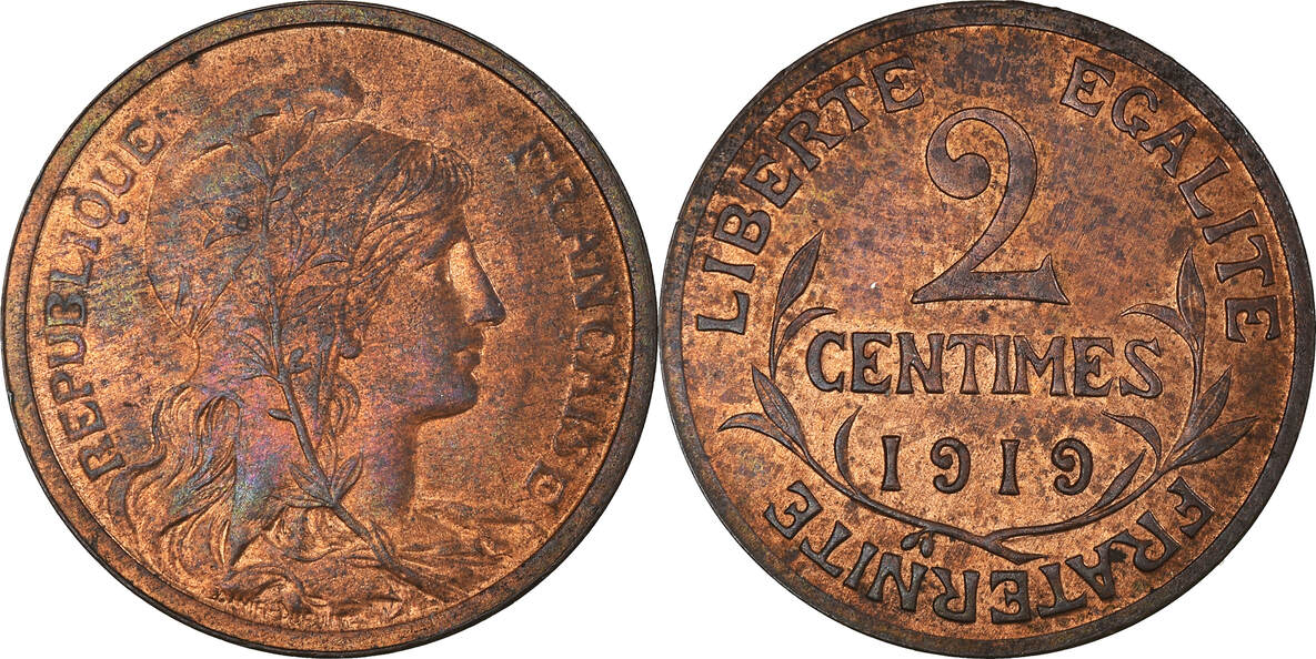 France 2 Centimes 1919 Paris Coin, Dupuis, Paris, Bronze, KM:841 AU(55 ...