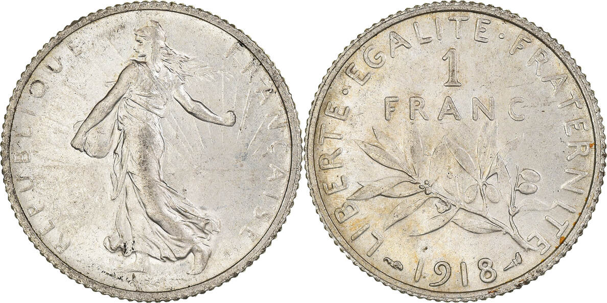 France Franc 1918 Paris Coin, Semeuse, Paris, Silver, KM:844.1 MS(63) | MA-Shops