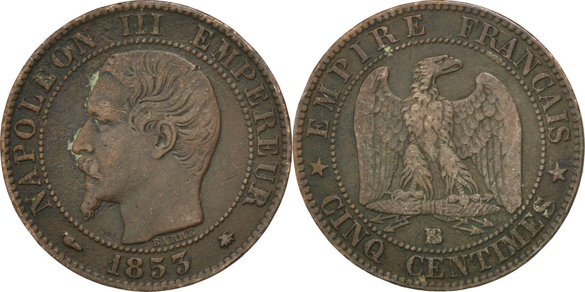 France 5 Centimes 1853 BB Coin, Napoleon III, Napoléon III, Strasbourg ...