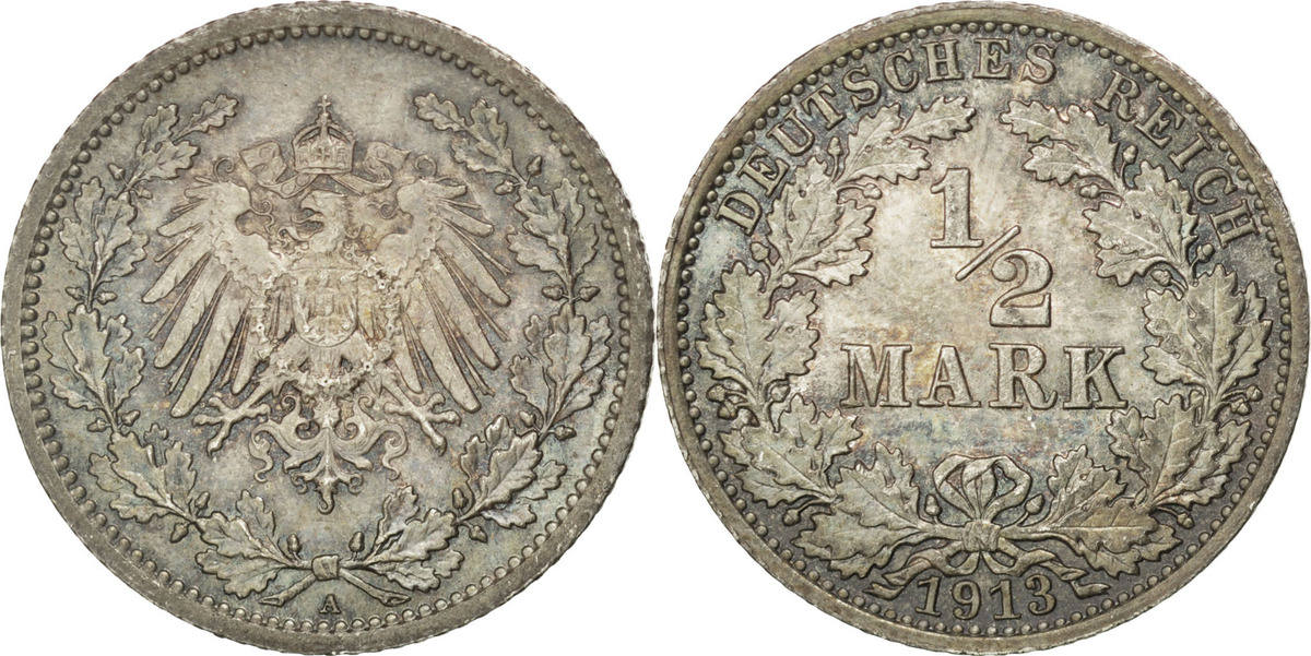 GERMANY - EMPIRE 1/2 Mark 1913 A Coin, Berlin, Silver, KM:17 MS(63) | MA-Shops