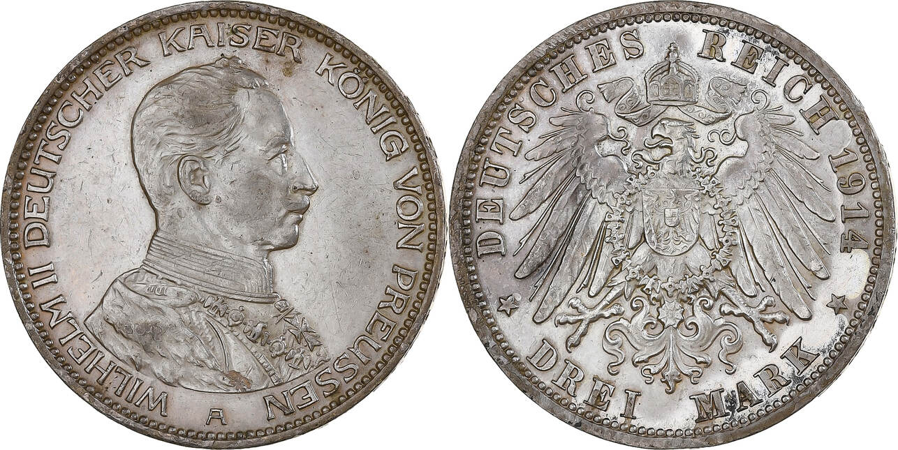 Kingdom of Prussia 3 Mark 1914 Berlin Wilhelm II, Berlin, Silver EF(40 ...