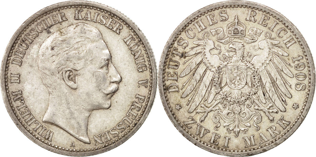 German States 2 Mark 1908 A Coin, PRUSSIA, Wilhelm II, Berlin AU(50-53 ...