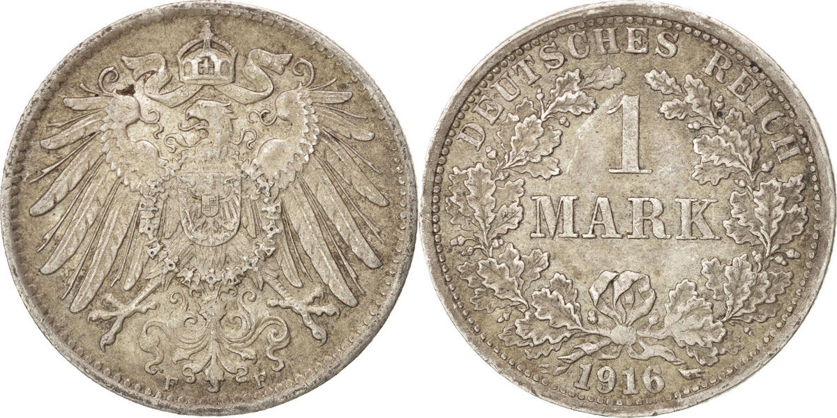 GERMANY - EMPIRE Mark 1916 F Coin, Wilhelm II, Stuttgart, Silver AU(50 ...