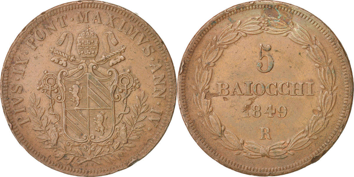 ITALIAN STATES 5 Baiocchi 1849 R Coin, PAPAL STATES, Pius IX, Roma AU ...