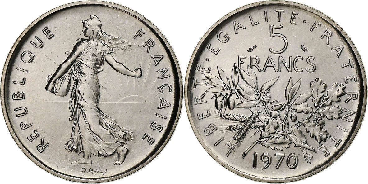 France 5 Francs 1970 Paris Coin, Semeuse, Paris, Nickel Clad MS(65-70) | MA-Shops