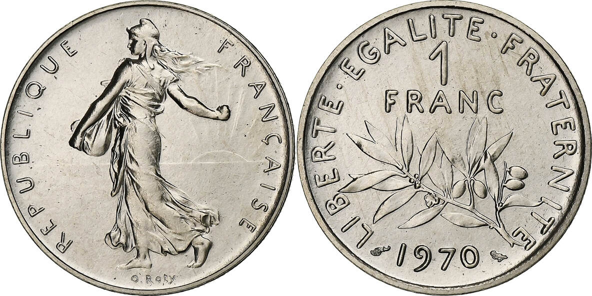 France Franc 1970 Paris Coin, Semeuse, Paris, Nickel, KM:925.1 MS(65-70) | MA-Shops