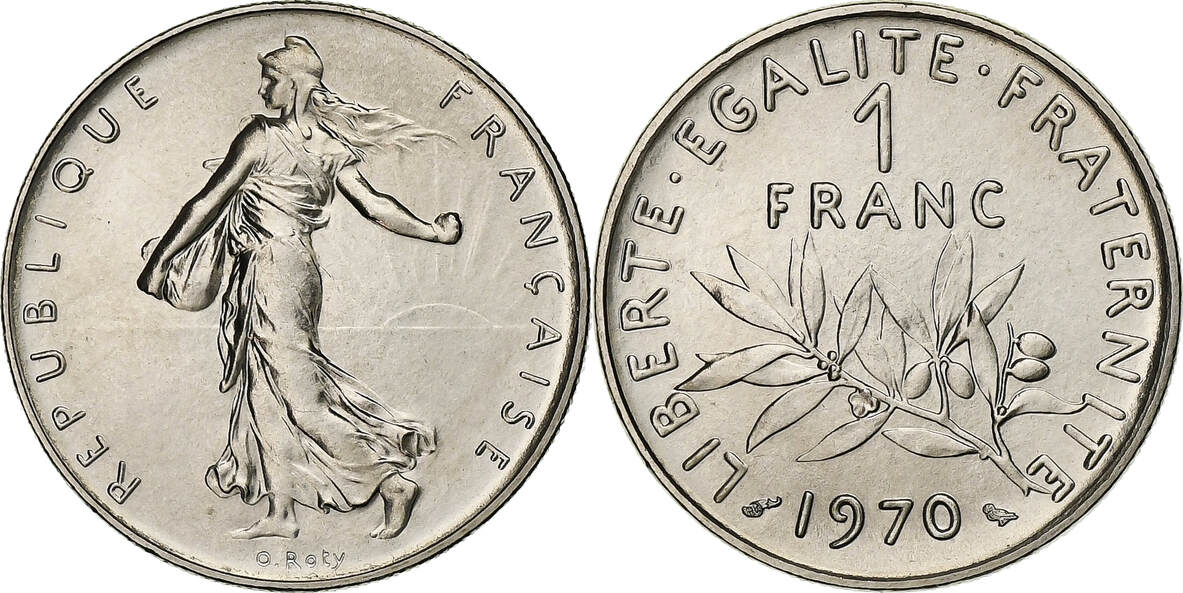 France Franc 1970 Paris Coin, Semeuse, Paris, Nickel, KM:925.1 MS(65-70) | MA-Shops