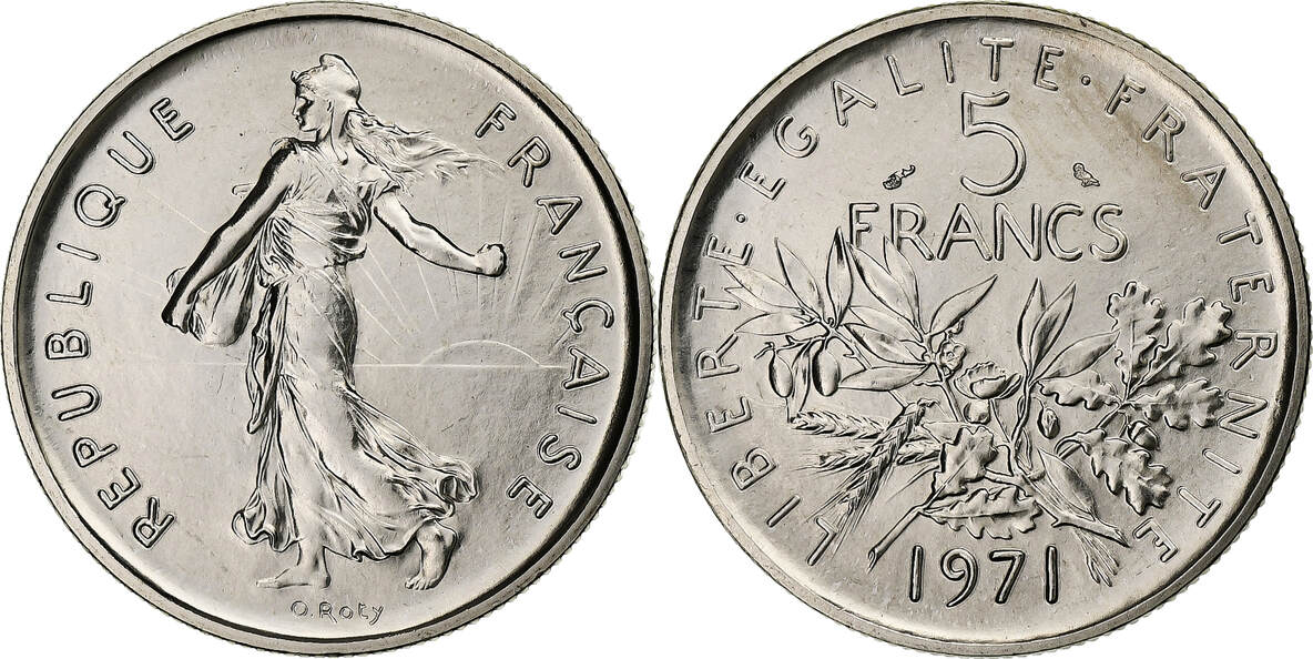 France 5 Francs 1971 Paris Coin, Semeuse, Paris, Nickel Clad MS(65-70) | MA-Shops