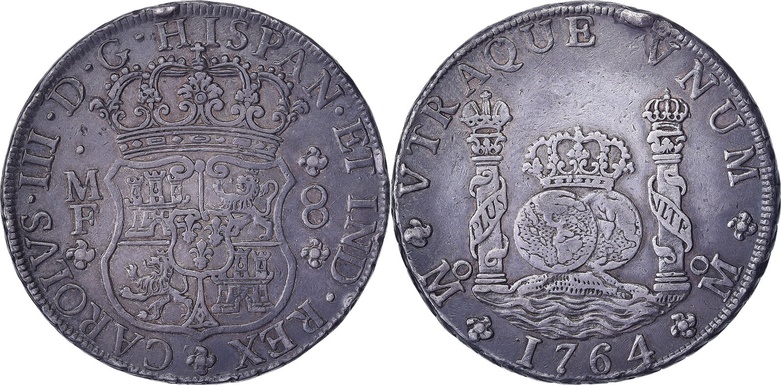 8 Reales 1764 Mexico City Carlos III, Columnario, Mexico City, Silver ...