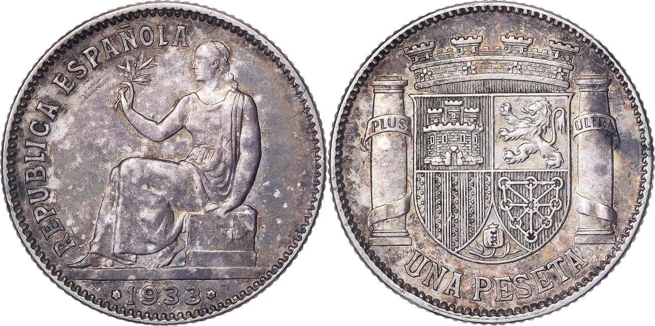 Spain 1 Peseta 1933 Madrid Madrid, Silver MS(60-62) | MA-Shops