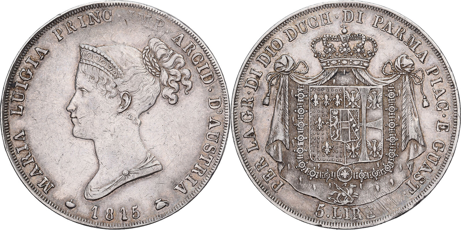 Duchy of Parma and Piacenza 5 Lire 1815 Milan Maria Luigia, Milan ...