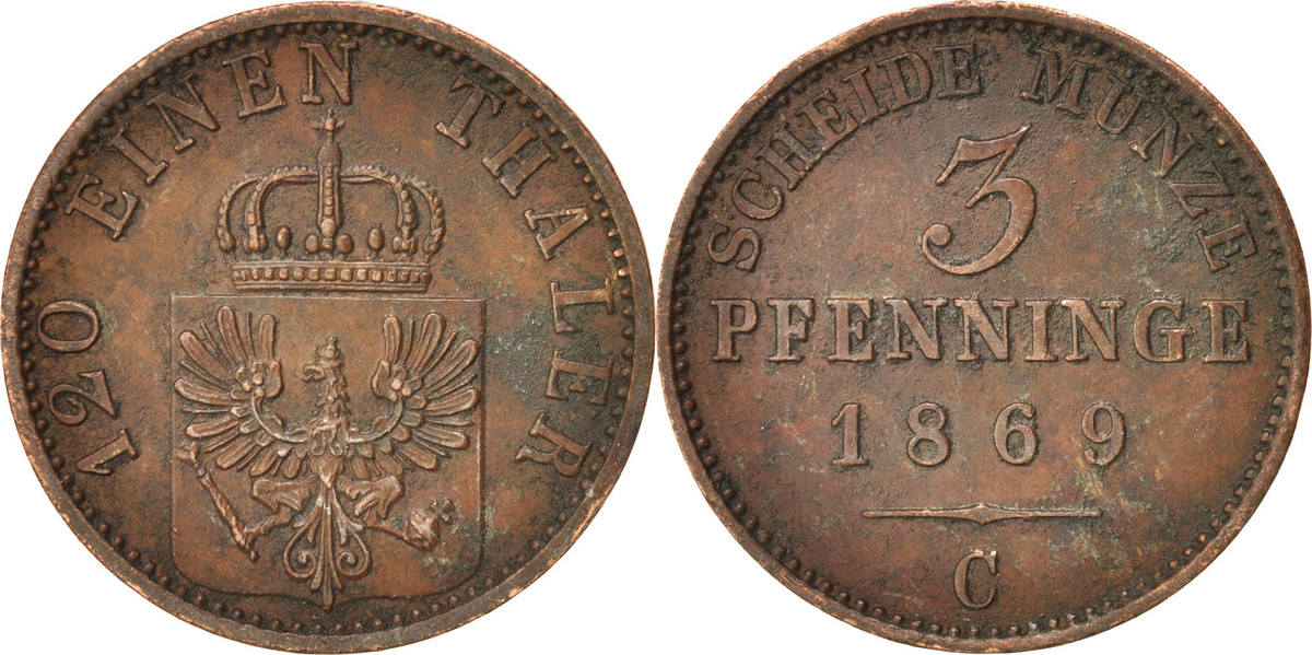 German States 3 Pfennig 1869 C Coin, PRUSSIA, Wilhelm I, Cleves EF(40 ...