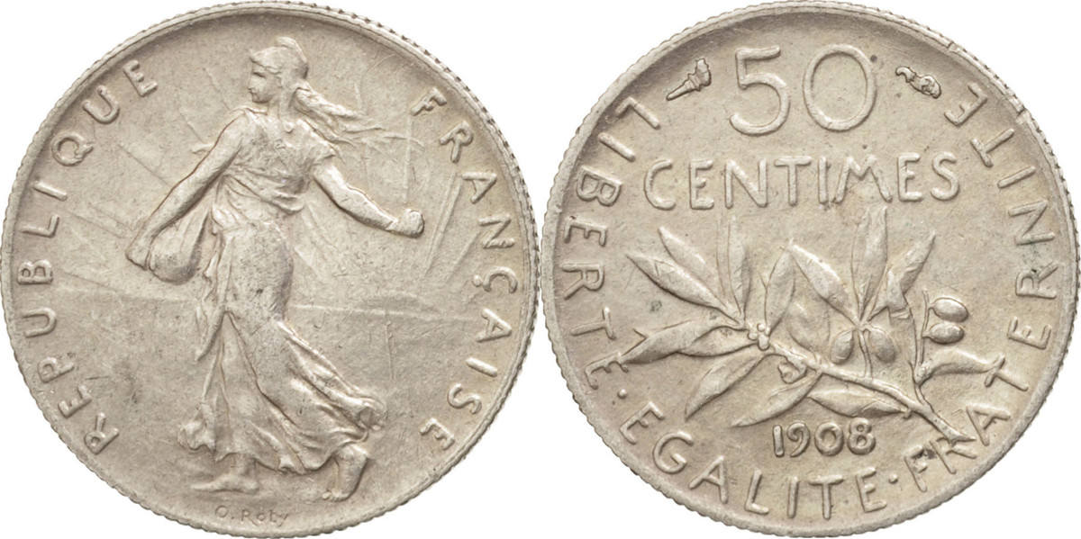 France 50 Centimes 1908 Paris Coin, Semeuse, Paris, Silver, KM:854 AU(55-58) | MA-Shops