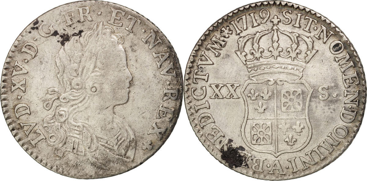 20 Sols, 1/6 ECU 1719 A Coin, Louis XV, 1/6 Écu (XX – S) de France ...