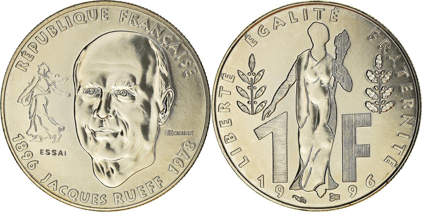 France 1 Franc 1996 Paris Coin, Jacques Rueff, Paris, ESSAI, Nickel MS ...