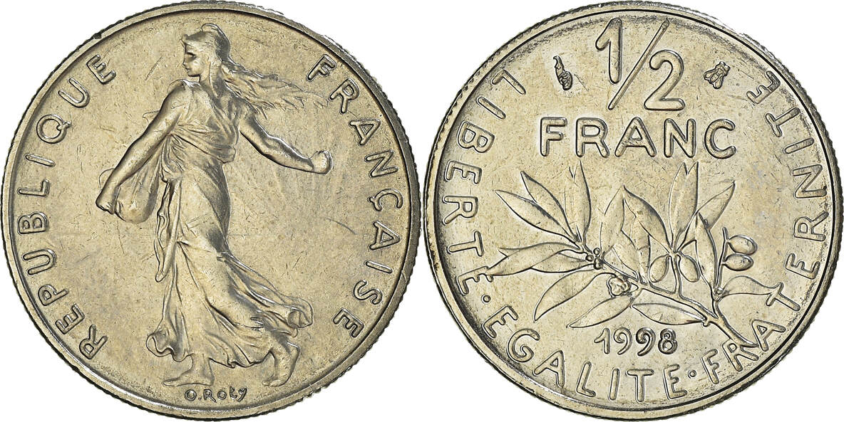 France 1/2 Franc 1998 Paris Coin, Semeuse, Paris, FDC, Nickel, KM:931.1 MS(65-70) | MA-Shops