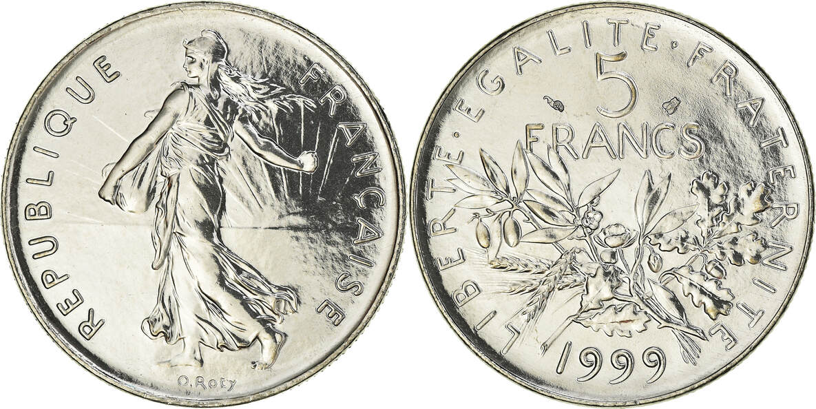 France 5 Francs 1999 Paris Coin, Semeuse, Paris, BU, Nickel Clad MS(65-70) | MA-Shops