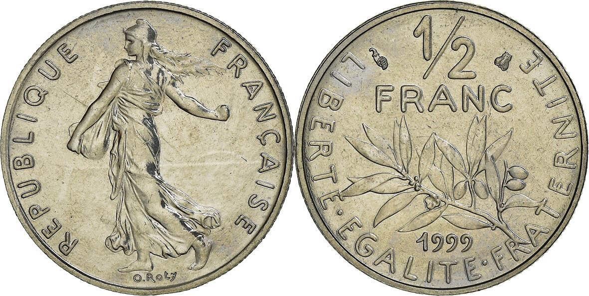 France 1/2 Franc 1999 Paris Coin, Semeuse, Paris, FDC, Nickel, KM:931.1 MS(65-70) | MA-Shops