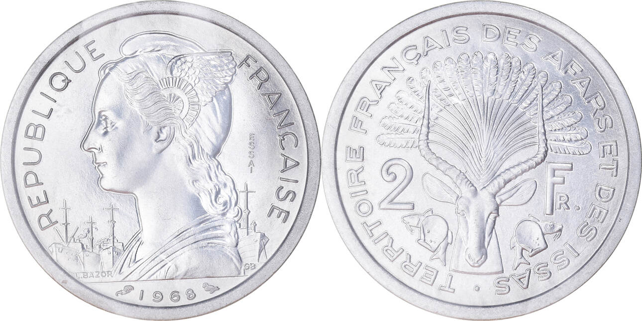 FRENCH AFARS & ISSAS 2 Francs 1968 (a) Coin, Paris, ESSAI, Aluminium MS ...