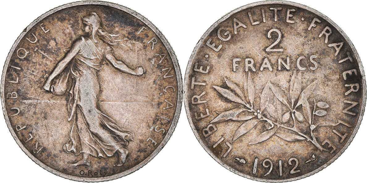 France 2 Francs 1912 Paris Coin, Semeuse, Paris, Silver, KM:845.1 EF(40-45) | MA-Shops