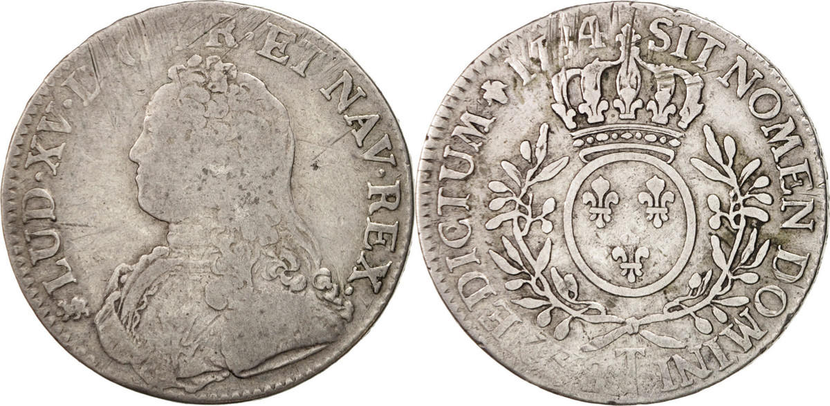 France Ecu 1734 T Coin, Louis XV, Écu aux branches d'olivier, Nantes F ...