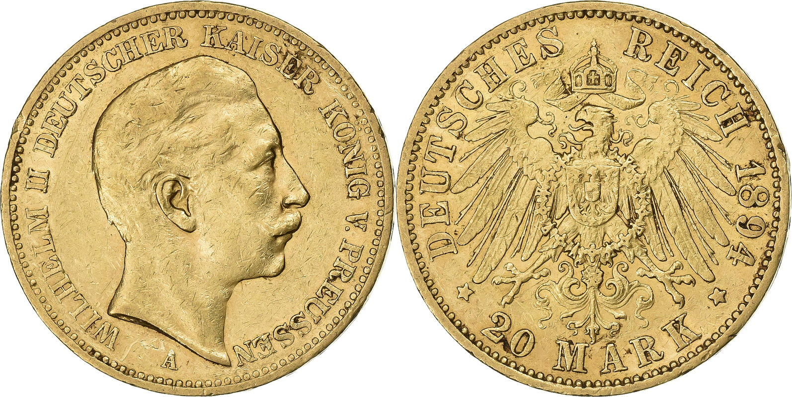 Kingdom of Prussia 20 Mark 1894 A PRUSSIA, Wilhelm II, Berlin, Gold EF ...