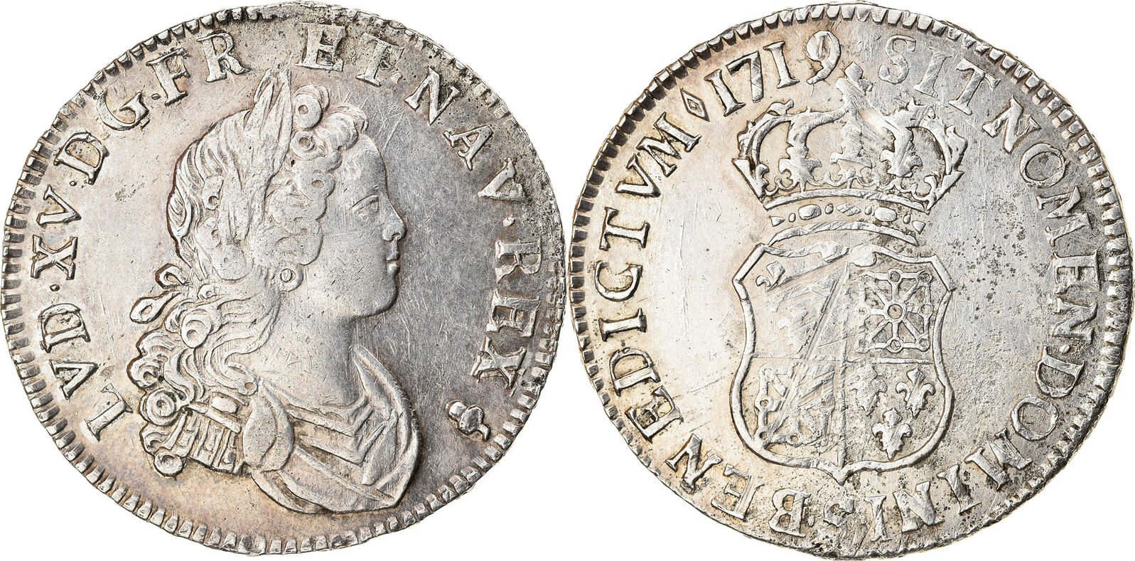 1/2 ECU, 44 Sols 1719 S Coin, Louis XV, 1/2 Écu de France-Navarre VF(30 ...