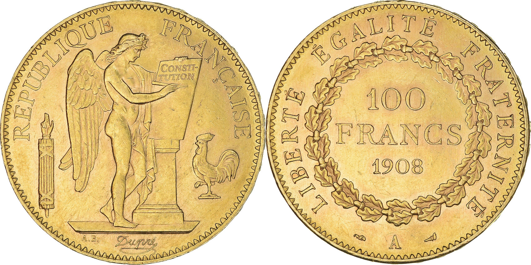 France 100 Francs 1908 A Coin, Génie, Paris, Gold, KM:858 AU(55-58 ...