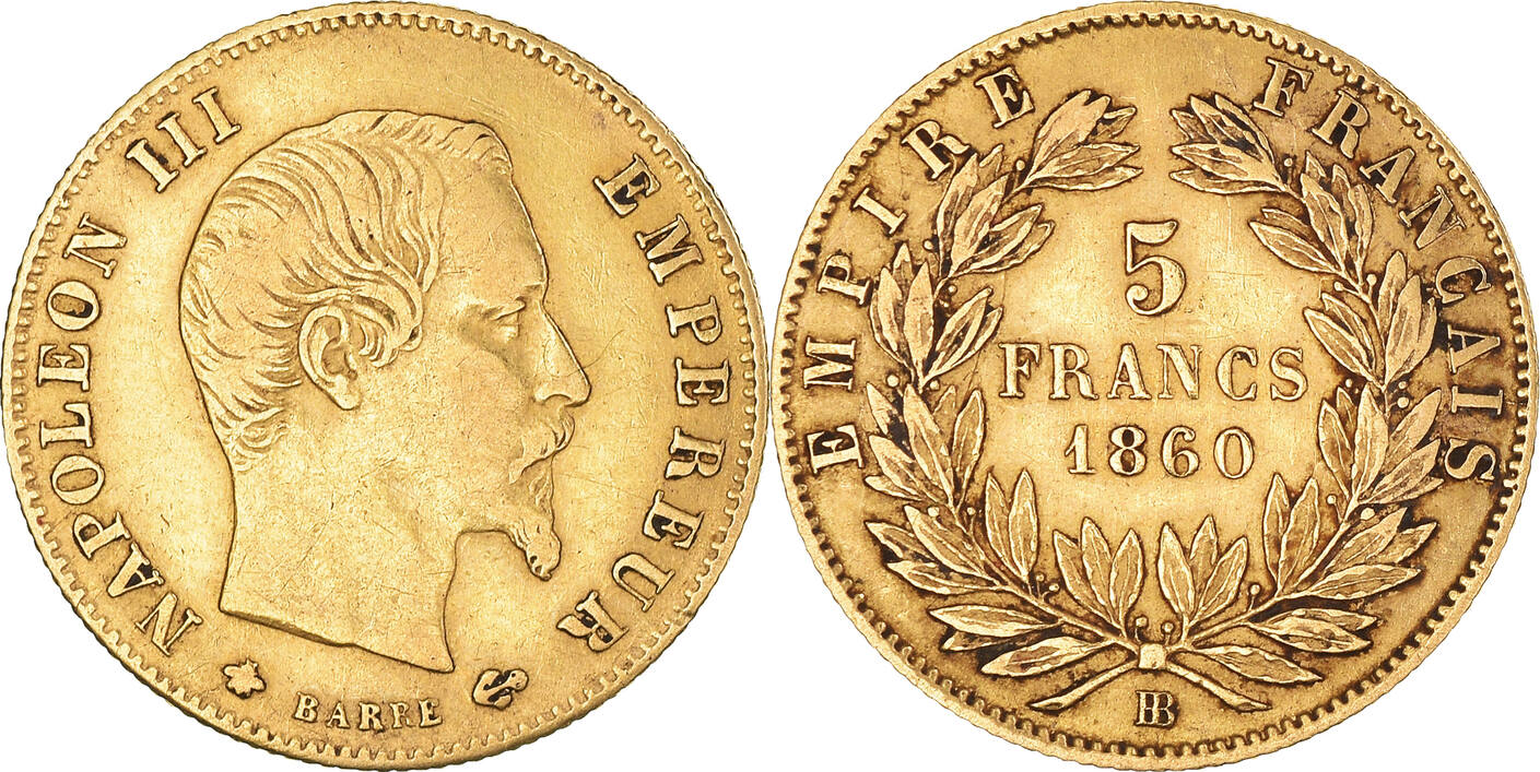 France 5 Francs 1860 BB Coin, Napoleon III, Napoléon III, Strasbourg VF ...
