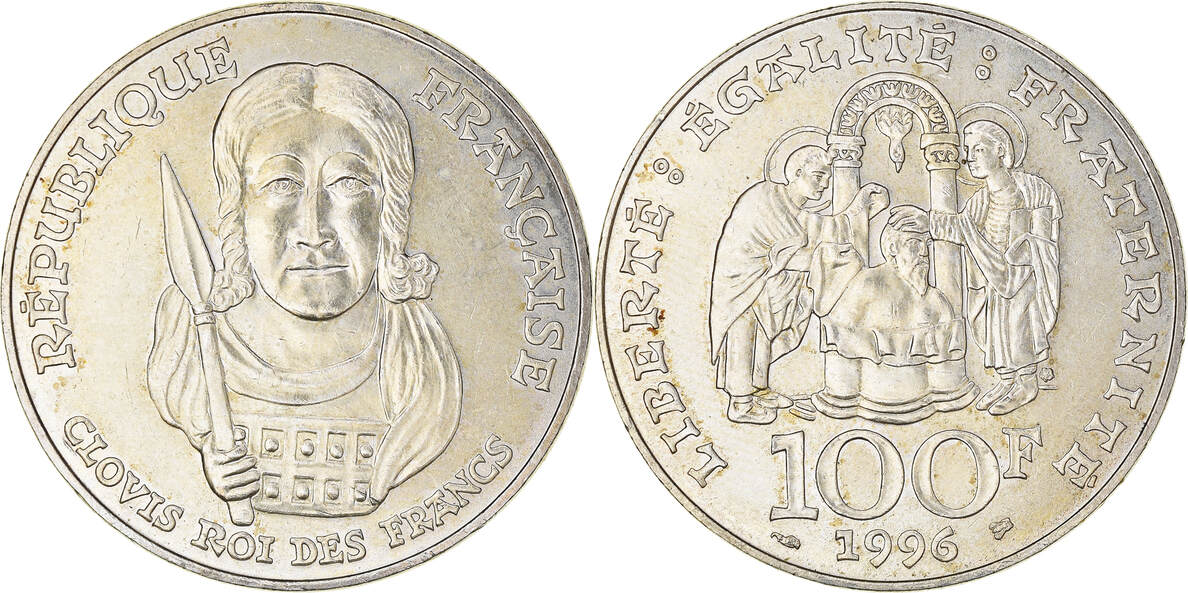 France 100 Francs 1996 Coin, Clovis, Silver, KM:1180, Gadoury:953 AU(55 ...