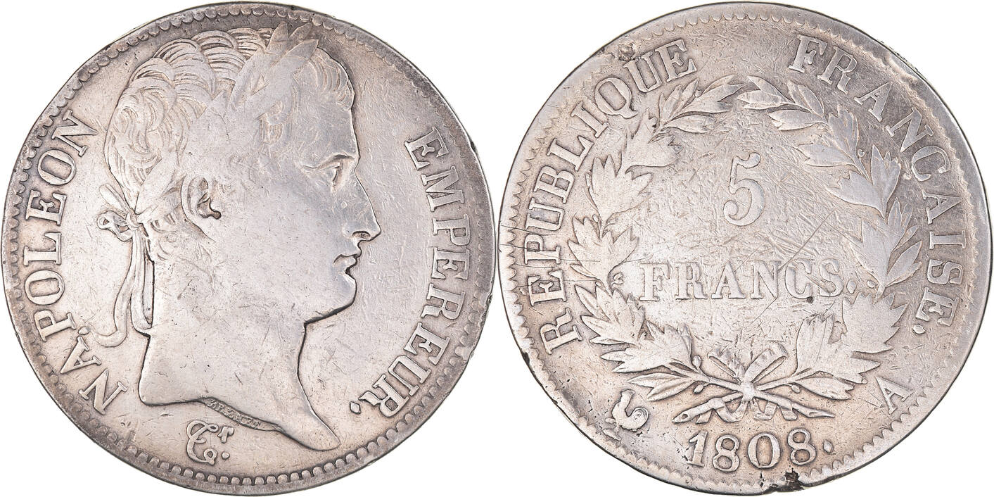 France 5 Francs 1808 Paris Coin, Napoléon I, Paris, Silver, KM:686.1 VF ...