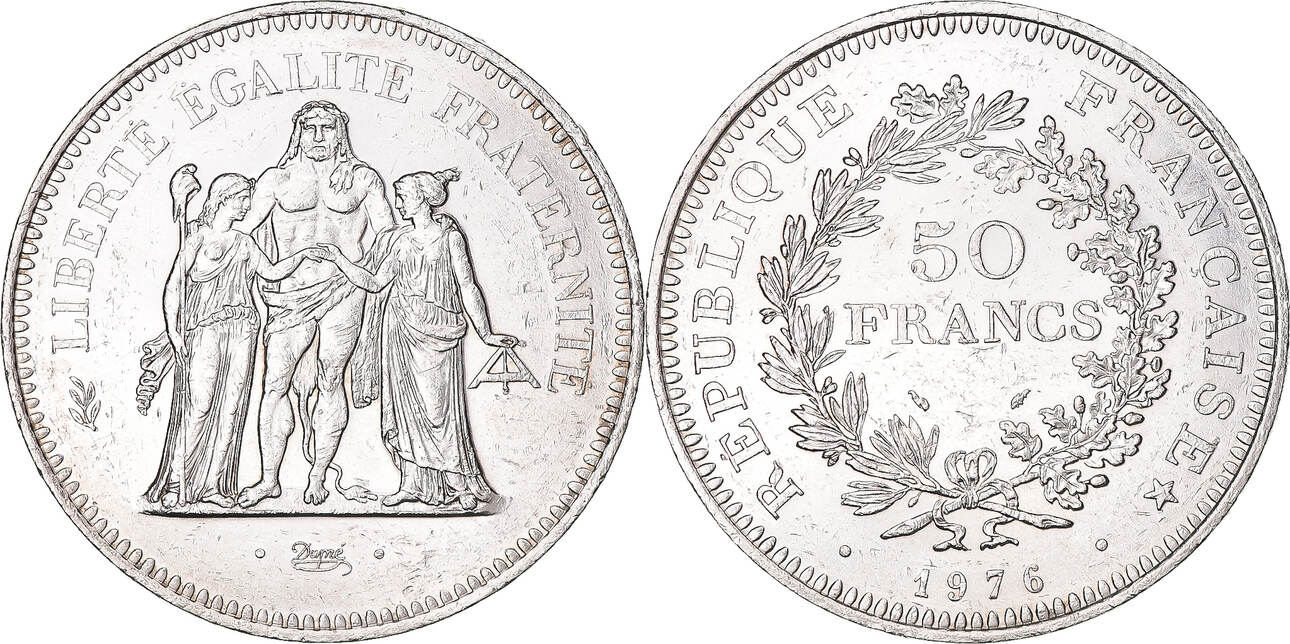 France 50 Francs 1976 Paris Coin, Hercule, Paris, Silver, KM:941.1 MS ...