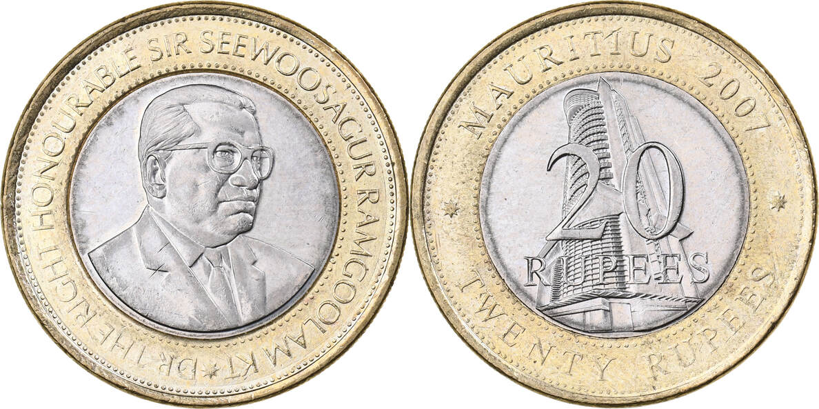 Mauritius 20 Rupees 2007 Bi-Metallic, KM:66 MS(63) | MA-Shops