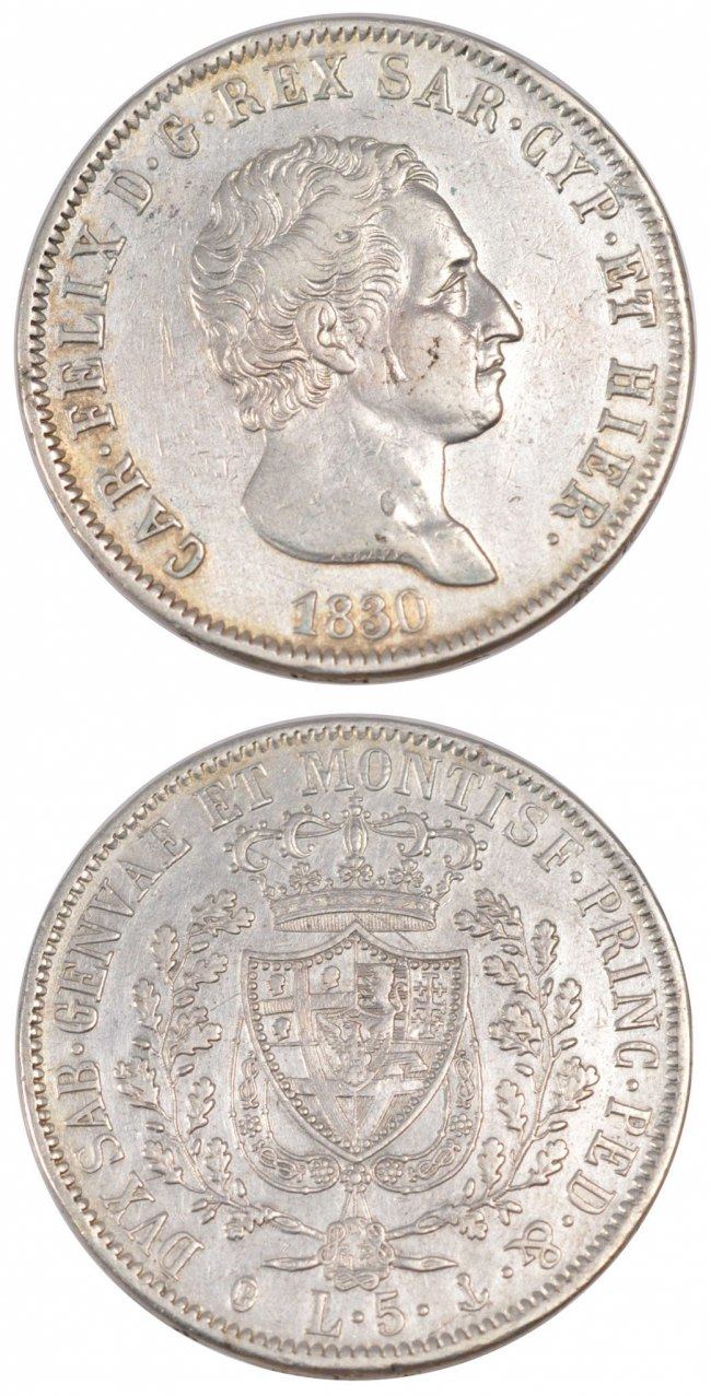 ITALIAN STATES 5 Lire 1830 Genoa Coin, SARDINIA, Carlo Felice, Genoa AU ...