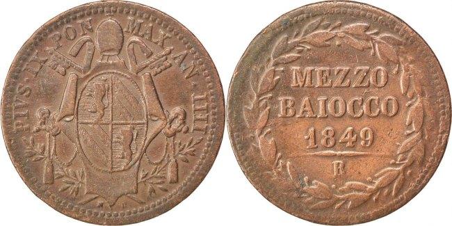 ITALIAN STATES Mezzo (1/2) Baiocco 1849 R Coin, PAPAL STATES, Pius IX ...