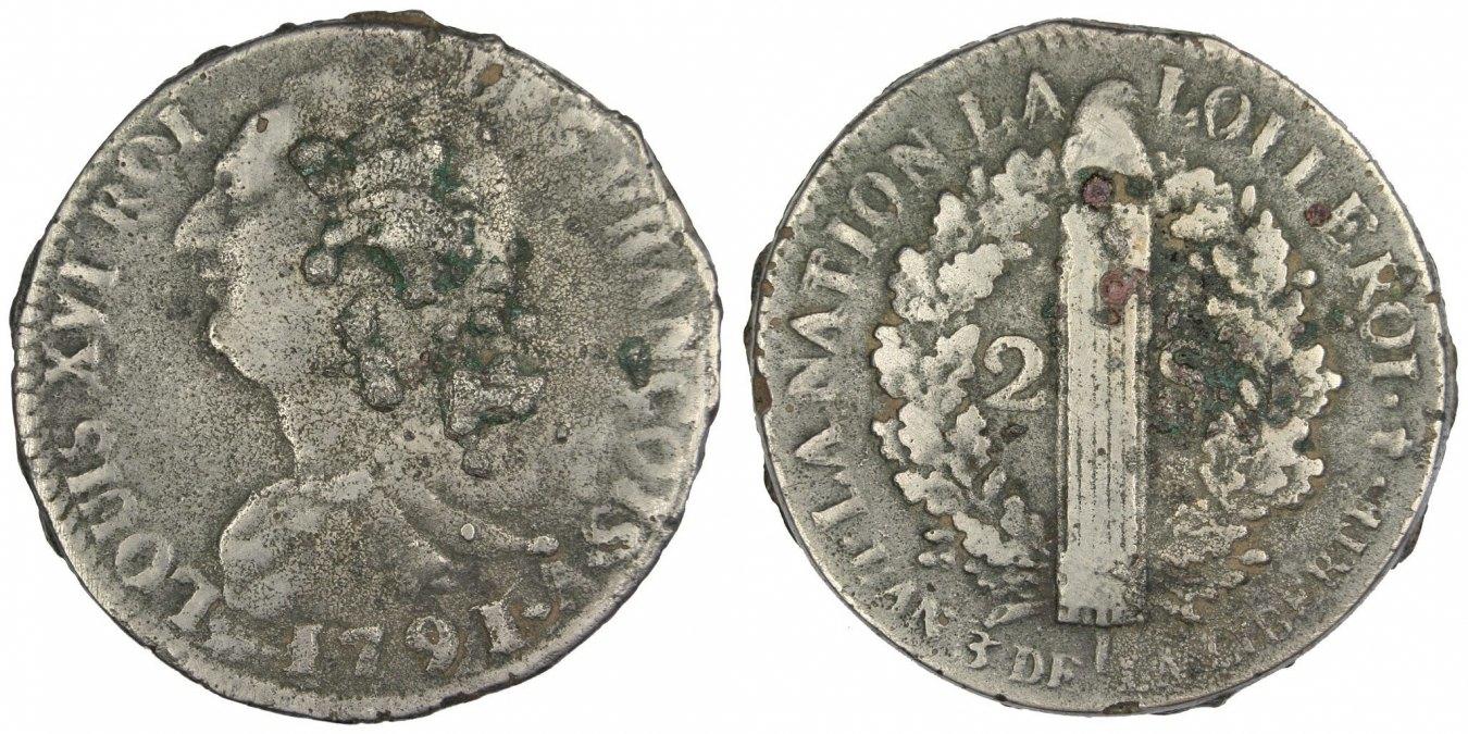 France 1791 A Coin, 2 sols françois, Paris, Bronze VF(20-25) | MA-Shops