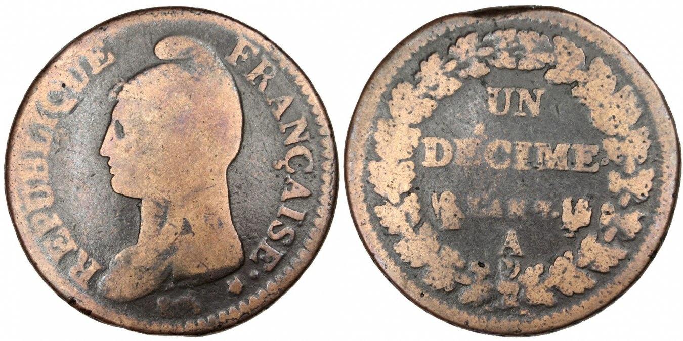 France Decime 1798 A Coin, Dupré, Paris, Bronze, Gadoury:187 VF(20-25 ...