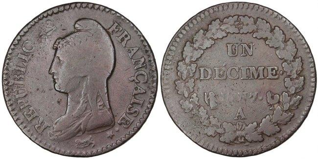 France Decime 1798 A Coin, Dupré, Paris, Bronze, Gadoury:187 VF(30-35 ...