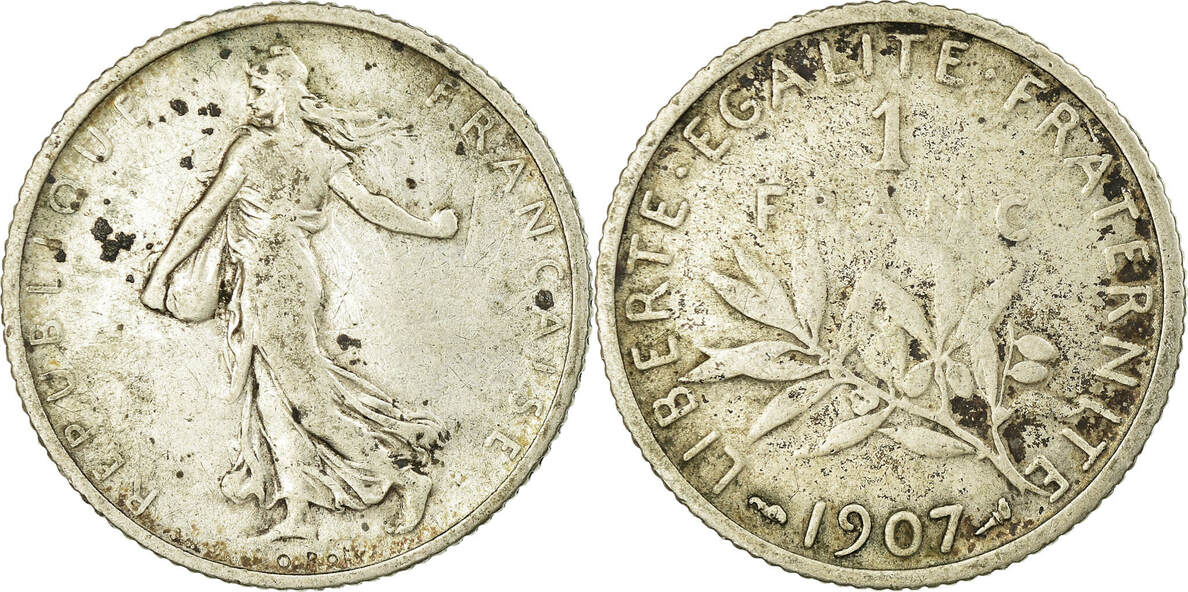 France Franc 1907 Paris Coin, Semeuse, Paris, Silver, KM:844.1 VF(20-25) | MA-Shops