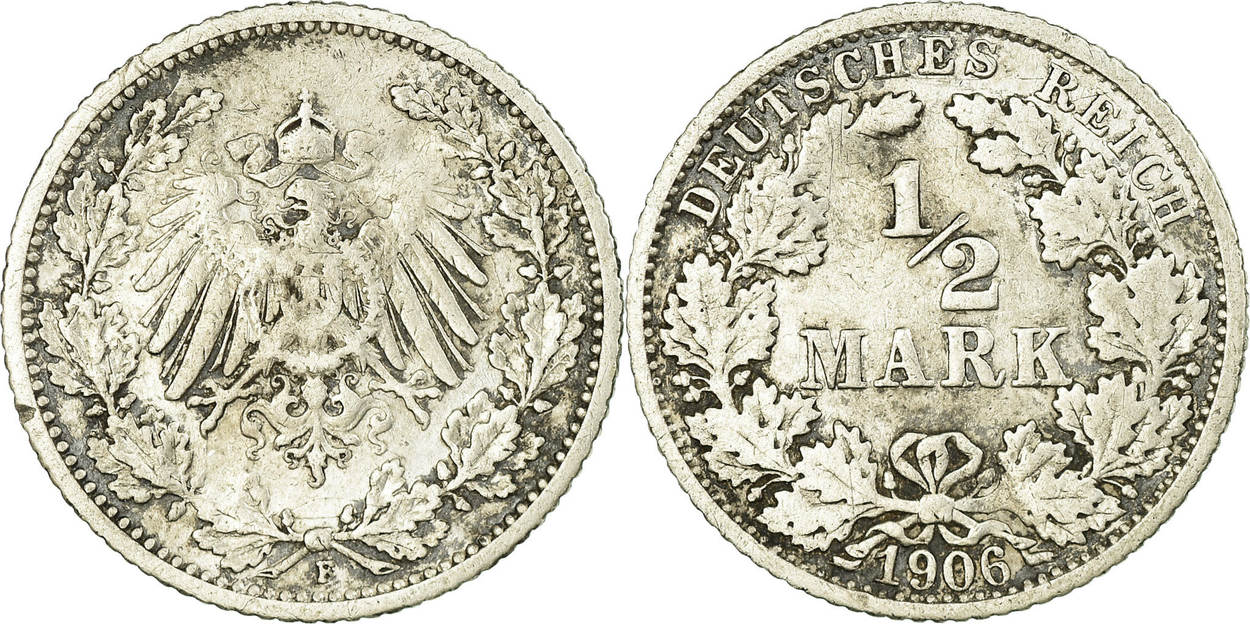 GERMANY - EMPIRE 1/2 Mark 1906 F Coin, Stuttgart, Silver, KM:17 VF(30-35) | MA-Shops