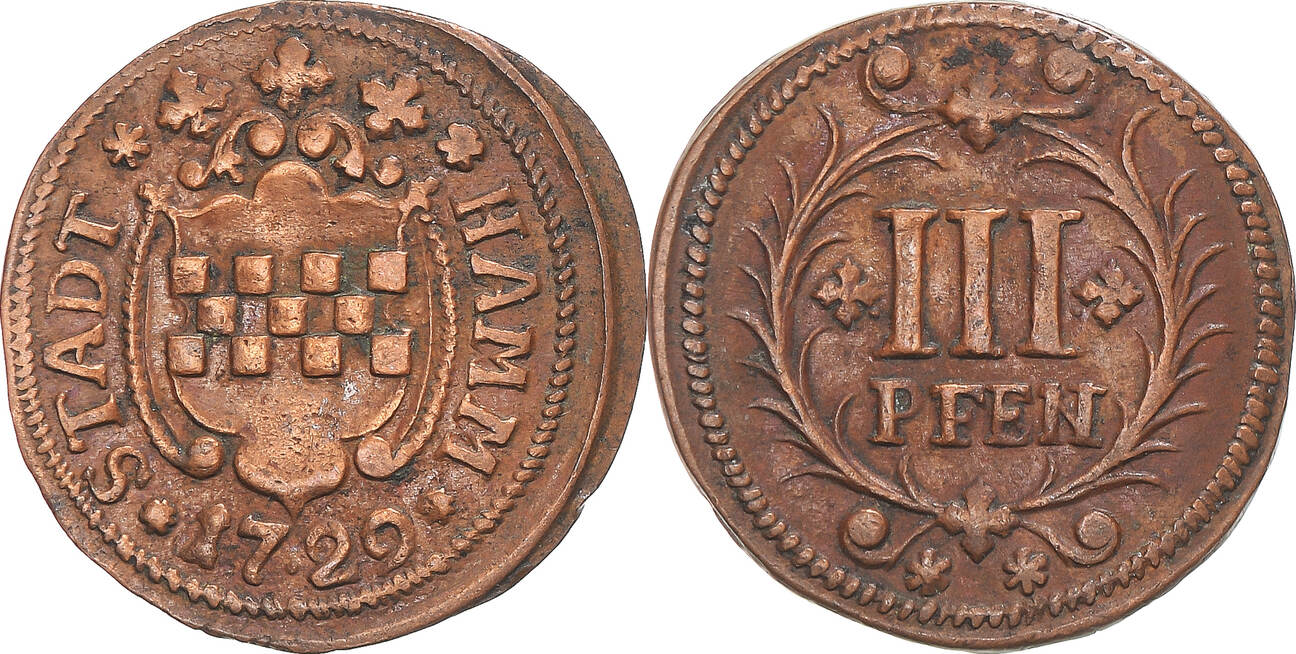 German States 3 Pfennig 1729 Hamm Coin, HAMM, Hamm, Copper, KM:75 EF(40 ...