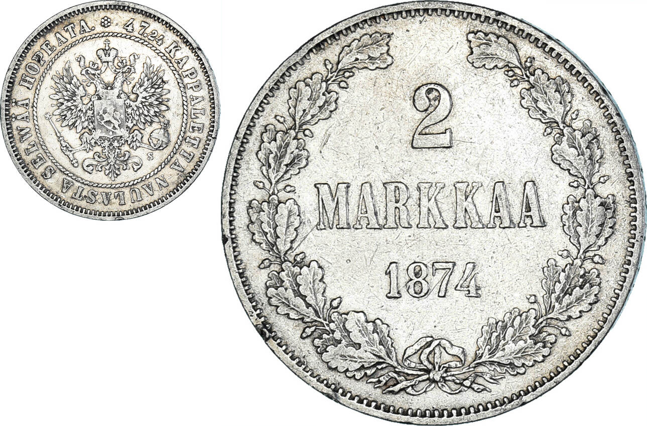 Finland 2 Markkaa 1874 Helsinki Coin, Alexander II, Helsinki, Silver VF ...