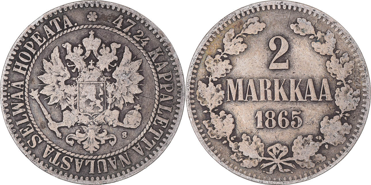 Finland 2 Markkaa 1865 Helsinki Coin, Alexander II, Helsinki, Silver VF ...