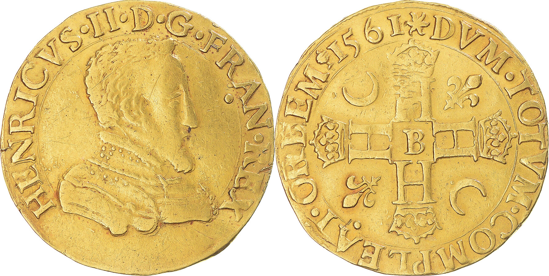 France Double Henri d'or 1561 Rouen Henri II, Rouen, 1st Type, Gold VF ...