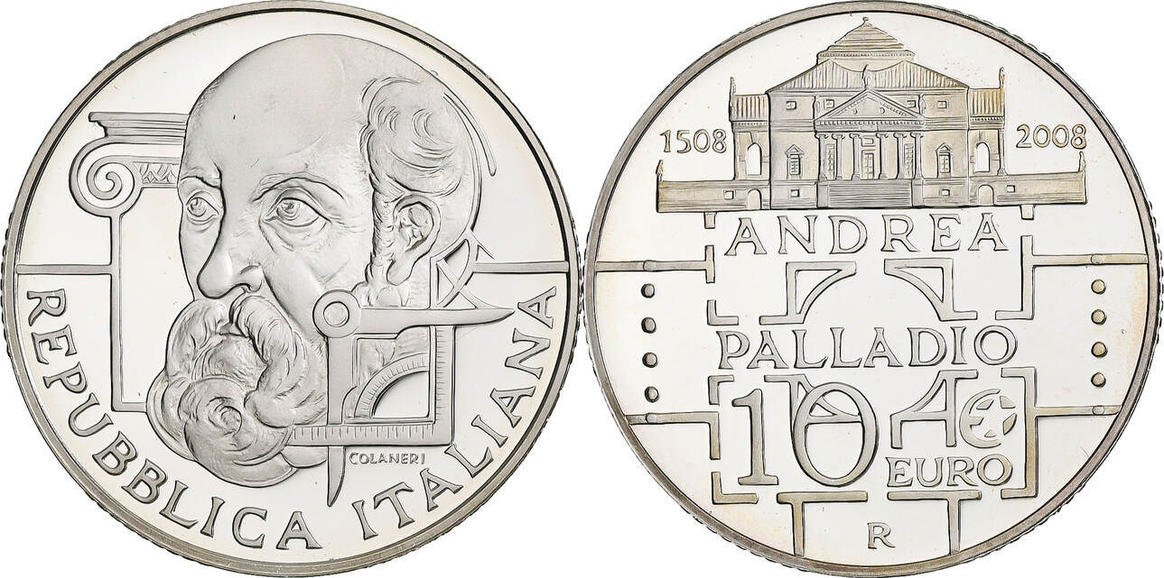 Italy 10 Euro 2008 Rome Andrea Palladio, Rome, BE, Silver, KM:305 MS(65 ...