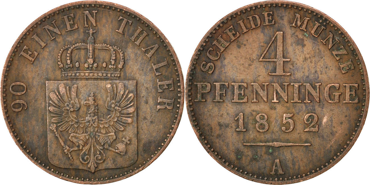 German States 4 Pfennig 1852 A Coin, PRUSSIA, Friedrich Wilhelm IV ...