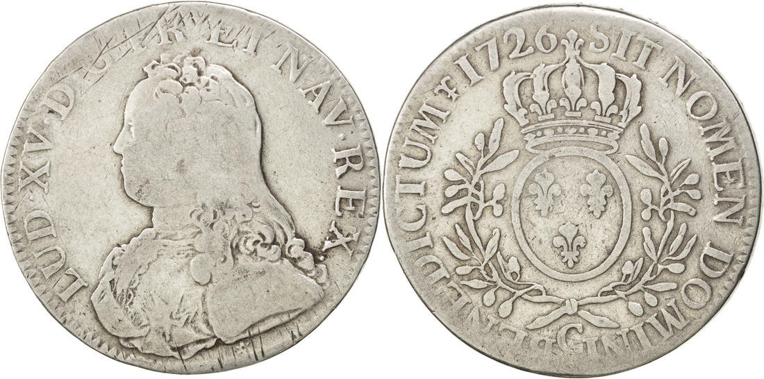 France Ecu 1726 C Coin, Louis XV, Écu aux branches d'olivier, Caen VF ...