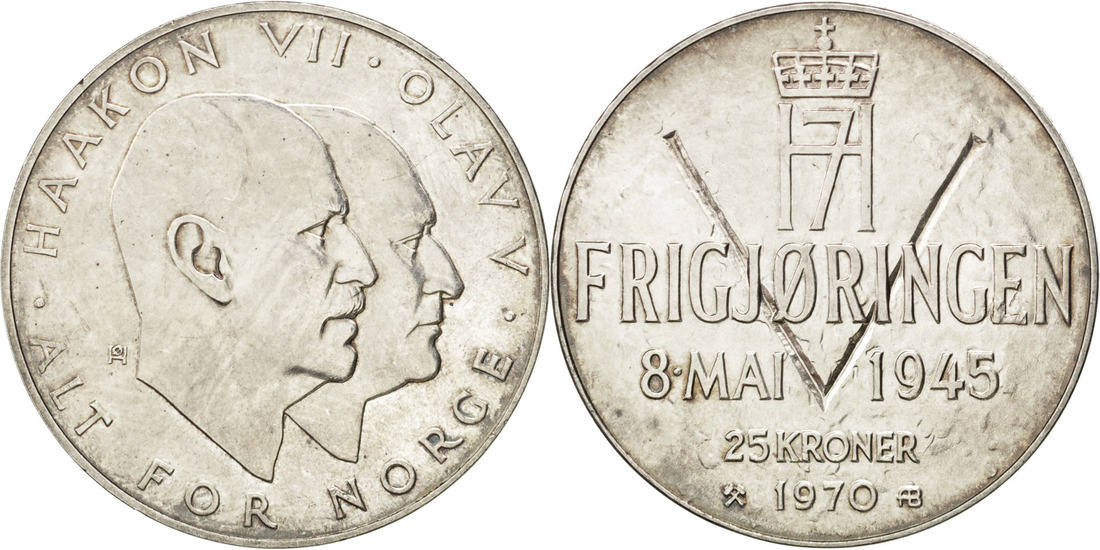 Norway 25 Kroner 1970 Coin, Olav V, Silver, KM:414 AU(55-58) | MA-Shops