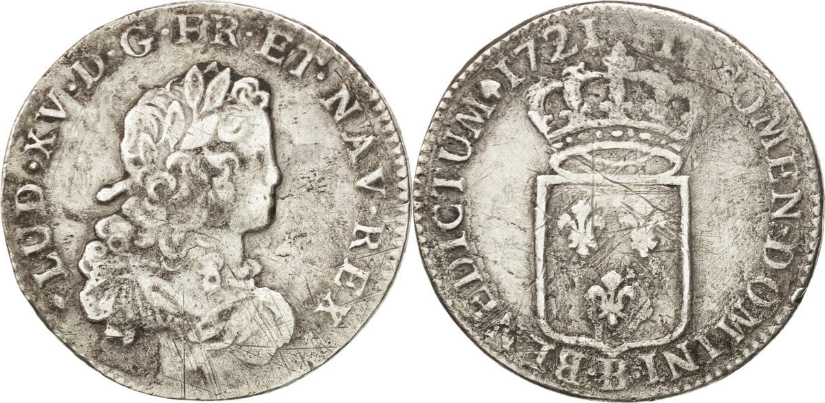 1/3 Ecu 1721 B Coin, Louis XV, 1/3 Écu de France, Rouen VF(20-25) | MA ...